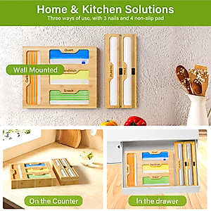 KOCWELL Bamboo Bag Storage Organizer - 2 Wrap Dispenser with Cutter & 4 Slots Food Storage Bags Container - Kitchen Drawer Plastic Bags Storage Organization for Gallon Quart Sandwich Snack Bags