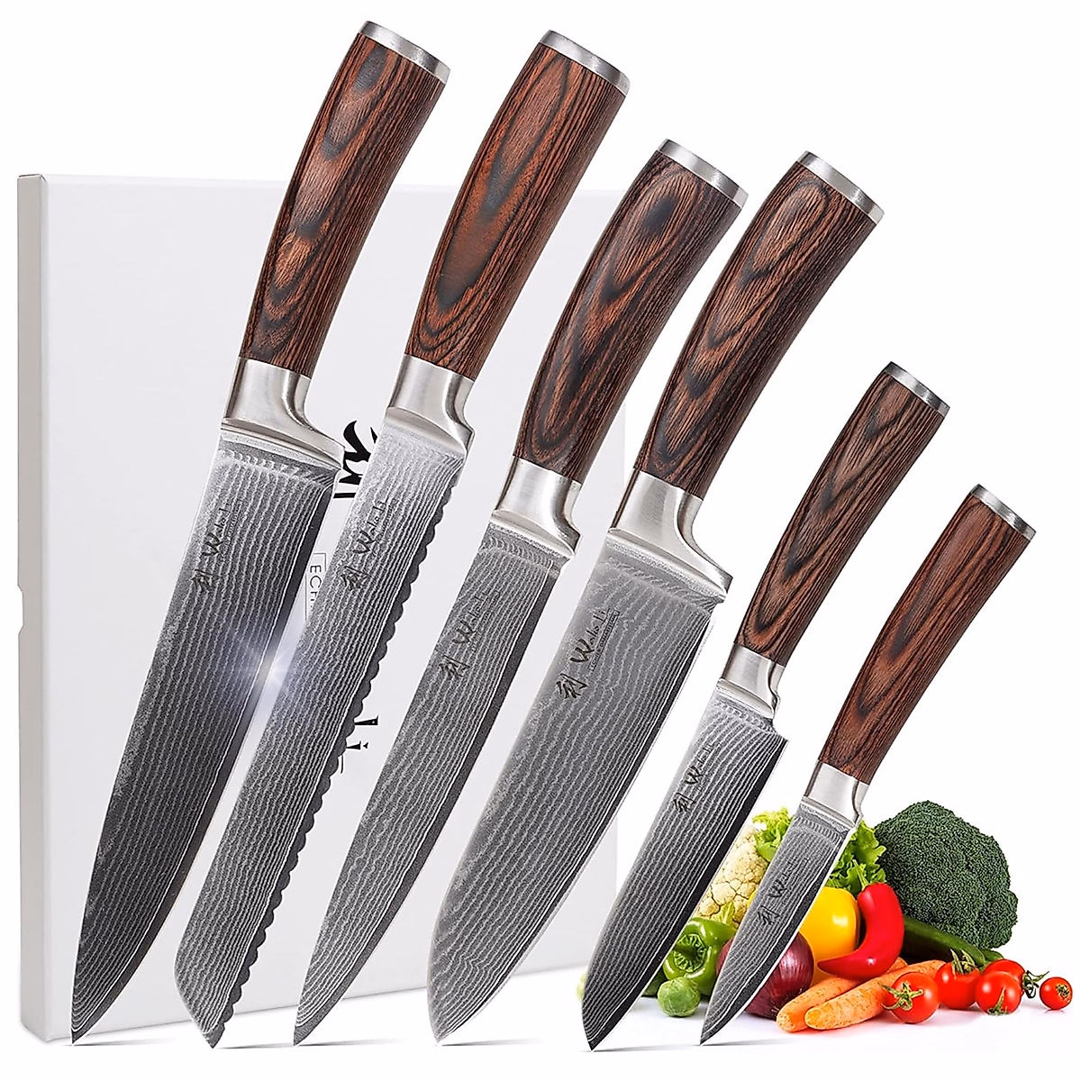 Wakoli Damascus Kitchen Knife Set, 6 Pieces Professional Chef Knife Set made from 67 Layers of Damascus Steel with VG10 Core, Knives Set for Kitchen with Pakkawood Handles in Gift Box (EDIB 6-pcs)