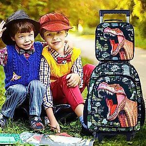 3PCS Rolling Backpack for Boys, Kids Roller Wheeled Dinosaur Bookbag and Lunch Box, Cool School Backpacks with Wheels for Elementary Teen
