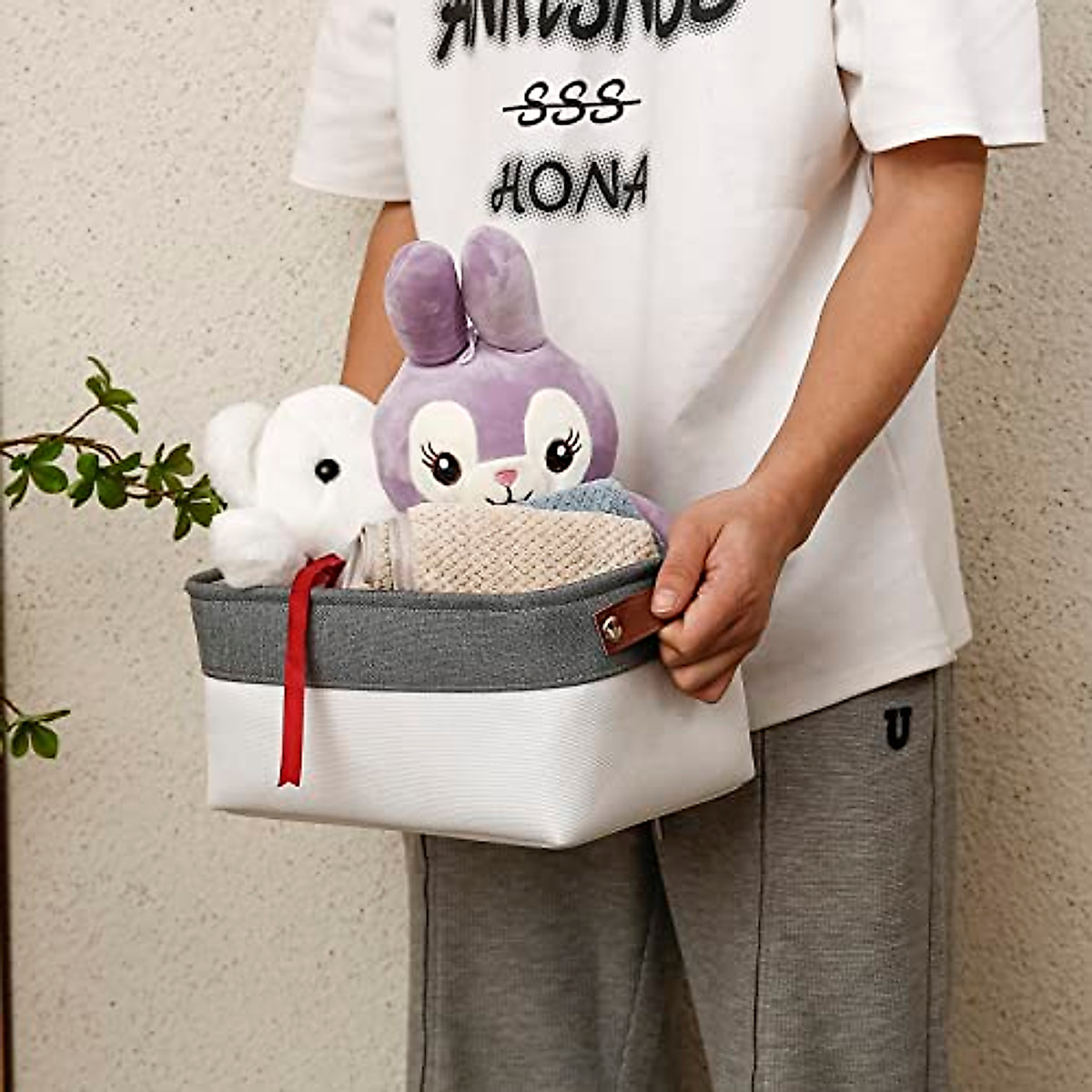 FENQDOOU Storage Bins[6 Pack], Collapsible Fabric Storage Baskets with Handles for Cupboards, Wardrobe, Shelves, Bathroom, Clothes, Toys, Towel (11.8 x 7.8 x 5.9 inches, Gray/ White)