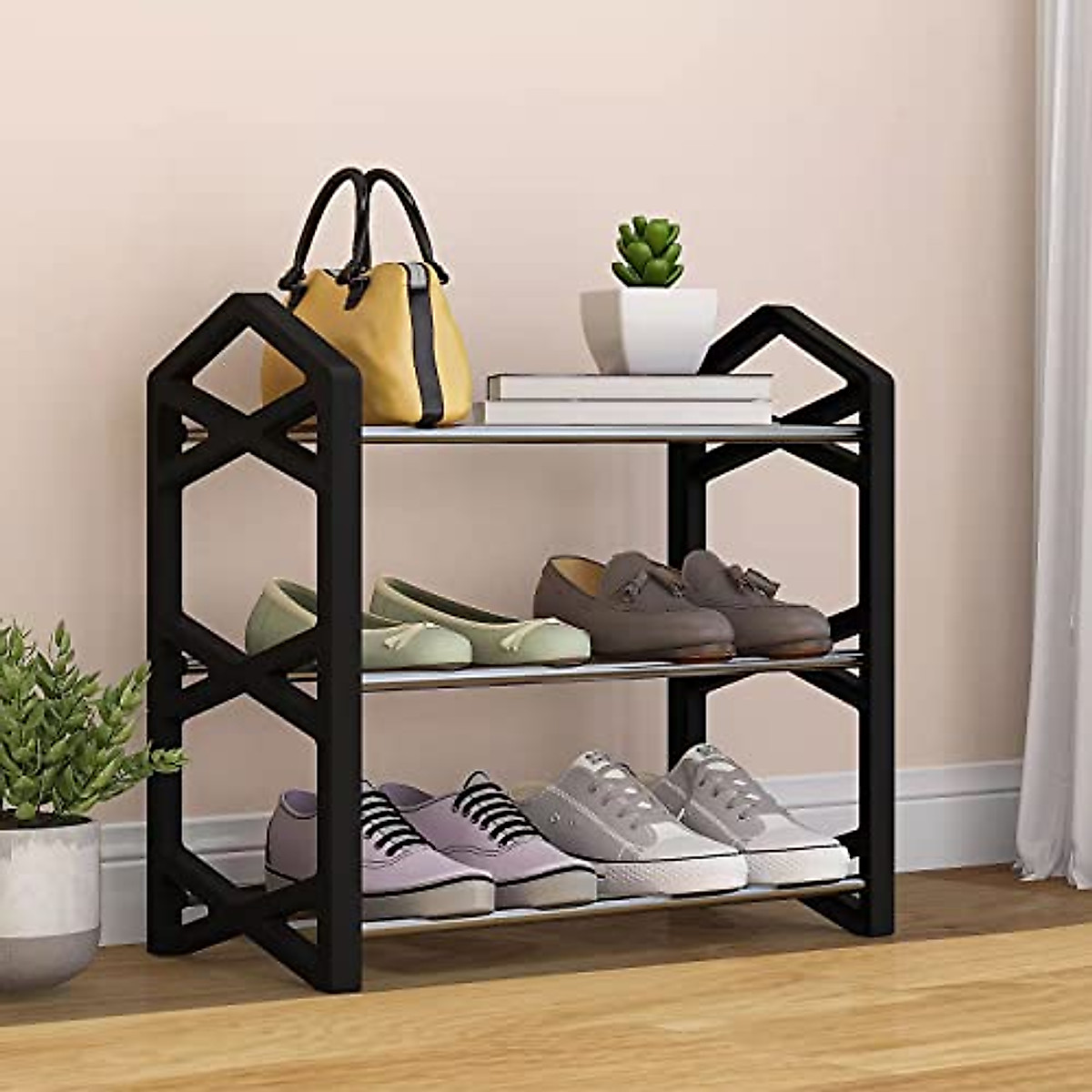 LODFHLL 3-Tier Small Shoe Rack，Metal Lightweight Shoes Shelf Multifunctional Organizer Stackable Stand Footwear Display Shelf，for Closet Hallway Entryway Living Room Bedroom (3-Tier Black Shoe Rack)