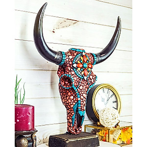Ebros Gift 18" High Large Western Southwest Steer Bison Buffalo Bull Cow Skull Head with Red Fire Stones Turquoise Beads and Cross Design Desktop Sculpture Native Indian Sacred Skulls