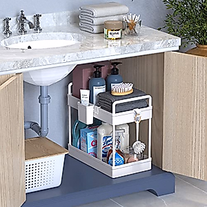 SOLEJAZZ Under Sink Organizers and Storage Multi-Purpose, 2 Tier Under Bathroom Cabinet Storage with Dividers, Hooks, Cup for Bathroom, Kitchen, White
