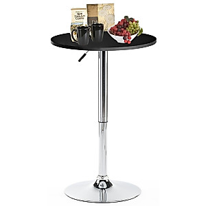 Displays2go Modern Hydraulic Bar Table, 23.5 Inch Round, Aluminum/Wood, Adjustable Height – Black (BRTBLA1B)