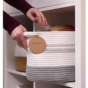 HONIZER Woven Baskets for Storage, 3-Pack Cotton Rope Storage Basket with Handles, Labels, Oval Toy Storage Bins for Cube Organizer, Stuffed Animal Storage Baskets for Shelf, Closet, Bedroom - Grey