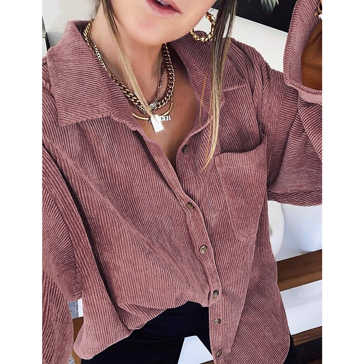 Saslax Womens Corduroy Shirt Long Sleeve Oversized Button Up V Neck Blouses Tops Loose Shacket Jacket with Pockets Mauve L