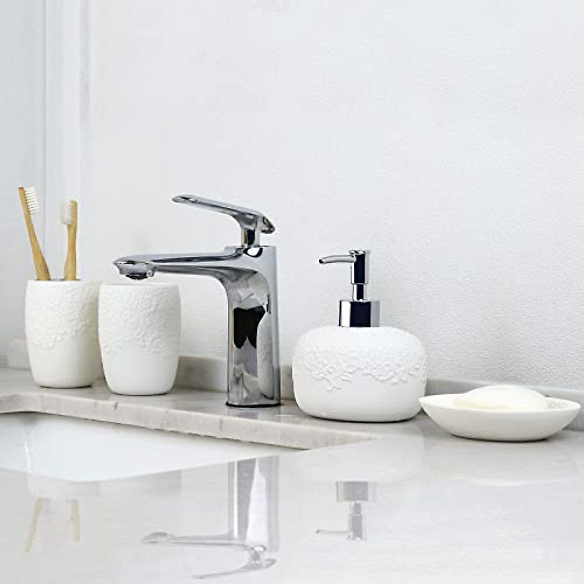 Bathroom Accessories Set with Embossed Design 4PCS, Ceramic White Bathroom Accessory Set, 1Pcs Bathroom Soap Dispenser 14oz, 2Pcs Tumbler Cup, 1Pcs Soap Dish, ANTIS'S HOME