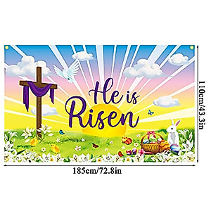 JKQ Easter He is Risen Backdrop Banner 73 x 43 Inch Large Size Jesus Resurrection Cross Sun Lily Background Banner Religious Holiday Party Decorations Easter Spring Indoor Outdoor Photo Booth Props
