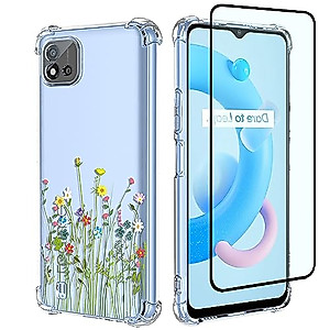 GTBDEKI Phone Case for Realme C20/Realme C20A/Realme C11 2021 Case RMX3063 Case with Screen Protector, Clear Case with Flower Garden Patterns Protective Phone Cover for Oppo Realme C20 Flower Bouquet