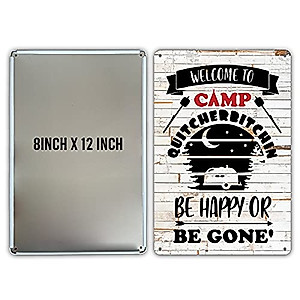 QIONGQI Funny Welcome to Camp Metal Tin Sign Wall Decor Farmhouse Rustic Camping Signs with Sayings for Home Camper Room Decor Gifts (Wooden Style)