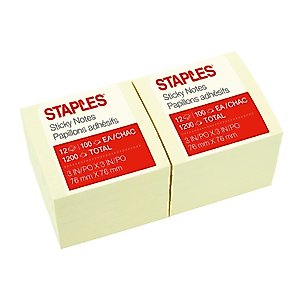 Staples 105809 Stickies Recycled Notes 3-Inch X 3-Inch Yellow 12 Pads/Pack (S-33Yr12)