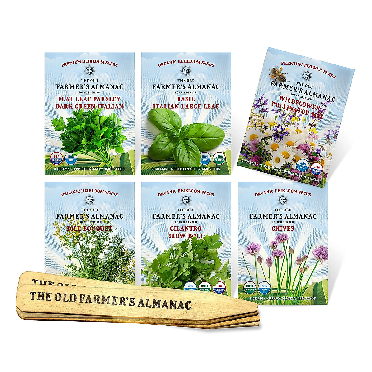 The Old Farmer's Almanac Herb Garden Starter Kit - 6 Seed Packets (Over 3000 Seeds) with Wooden Plant Markers - Non-GMO, Open Pollinated, Heirloom Seeds