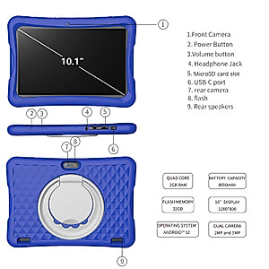JREN Kids Tablet, 10" Tablet for Kids,IPS HD Display 1280 X 800, RAM 4GB and 64GB Storage, Google Family Link Kids Space Pre-Installed, YouTube,Ages 6-12,Color Blue