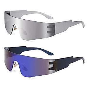 COASION Wrap Around Sunglasses for Women Men Trendy Rimless Futuristic Shades Y2k Shield Flat Top Fashion Eyeglasses (Silver/Silver Mirrored + Black/Blue Mirrored)