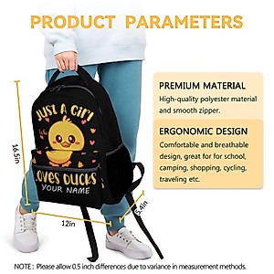 FUZZYFIT Personalized Duck Backpacks for Girls, 16 Inch Cute Print Backpack for School, Black Lightweight Bookbag for Travel