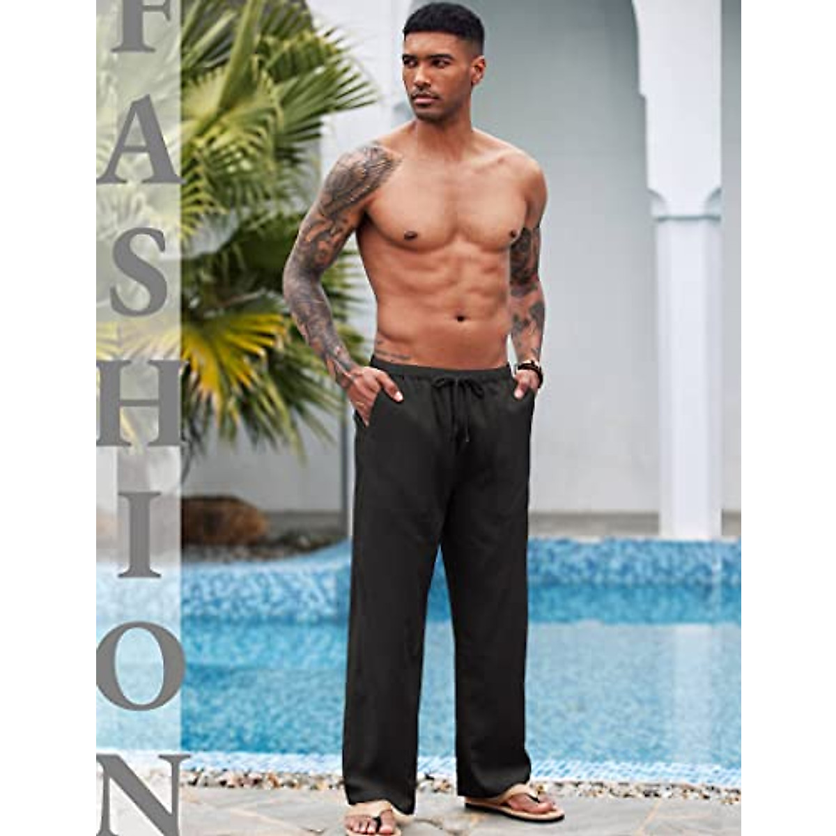 COOFANDY Men's Linen Casual Pants Summer Spring Beach Jog Elastic Waist Trousers A- Black