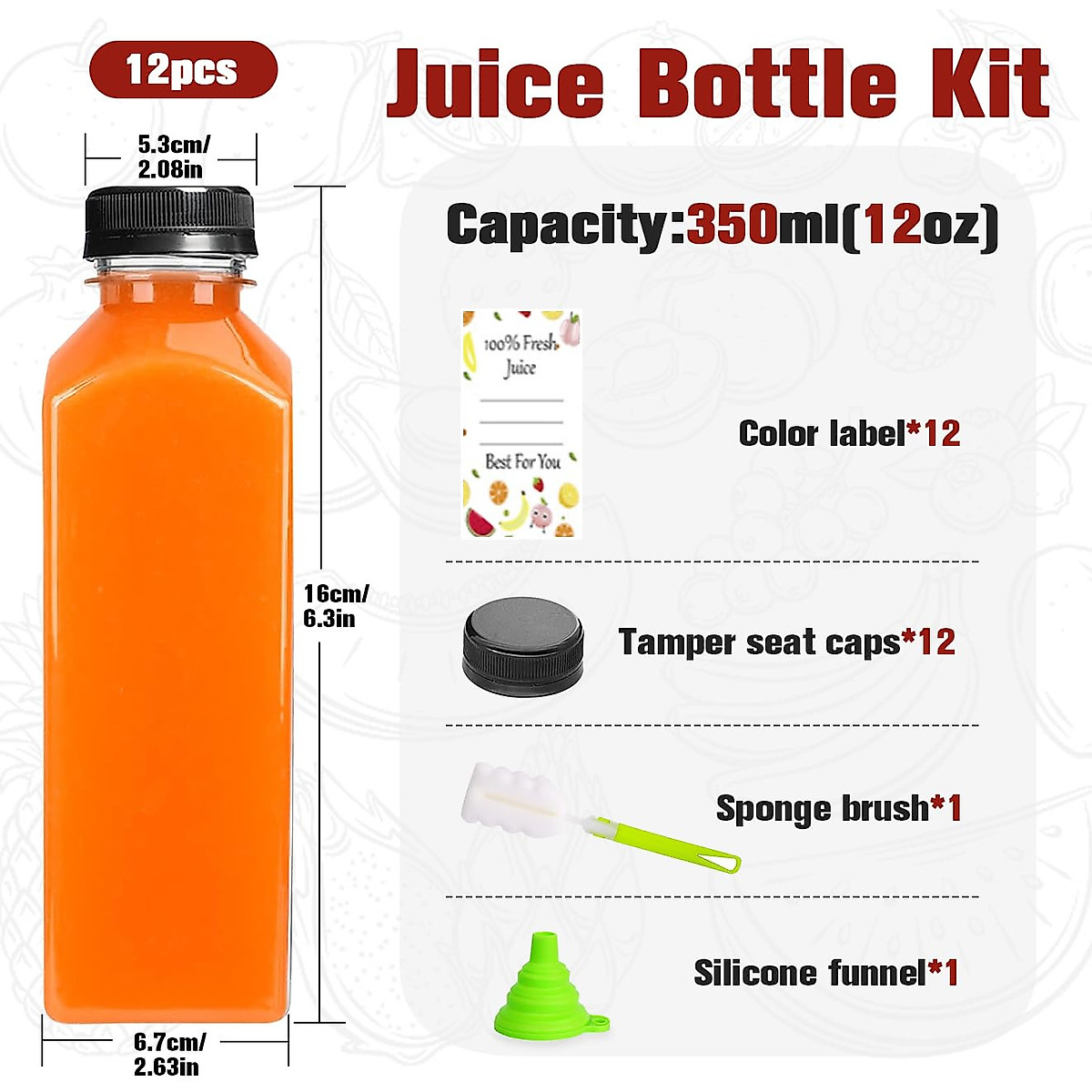 ztarraum 12pcs 12oz Plastic Juice Bottles, Reusable Juice Containers with Black Tamper Proof Lids, Brush, Funnel and Labels, Clear Juice Containers for Juicing, Smoothie and Homemade Beverages