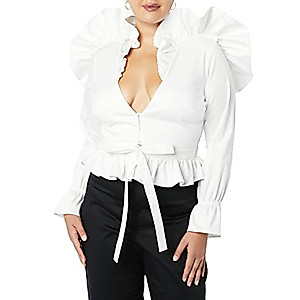 Making the Cut Season 3 Episode 1 Ruffle Long Sleeve Blouse Inspired by Sienna's Winning Look, White, XL