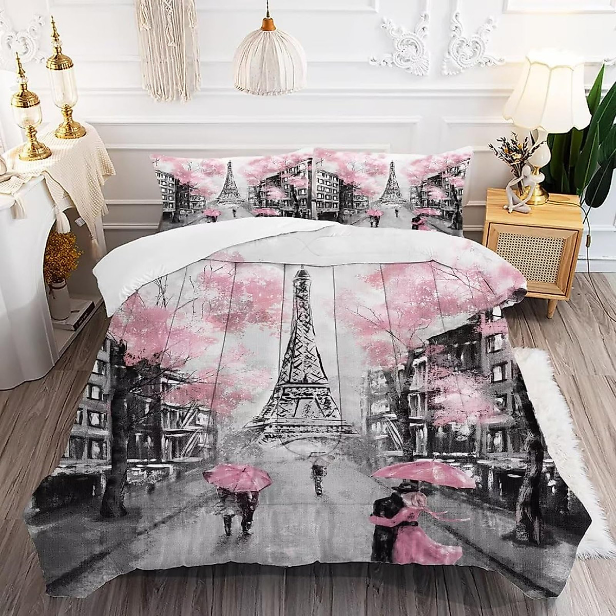 kxry Pink Paris Eiffel Tower Comforter Set Full Size French Style Couple Lover Flower Bedding Sets for Girls Women Kids Quilted Duvet 1 Comforter + 2 Pillow Cases