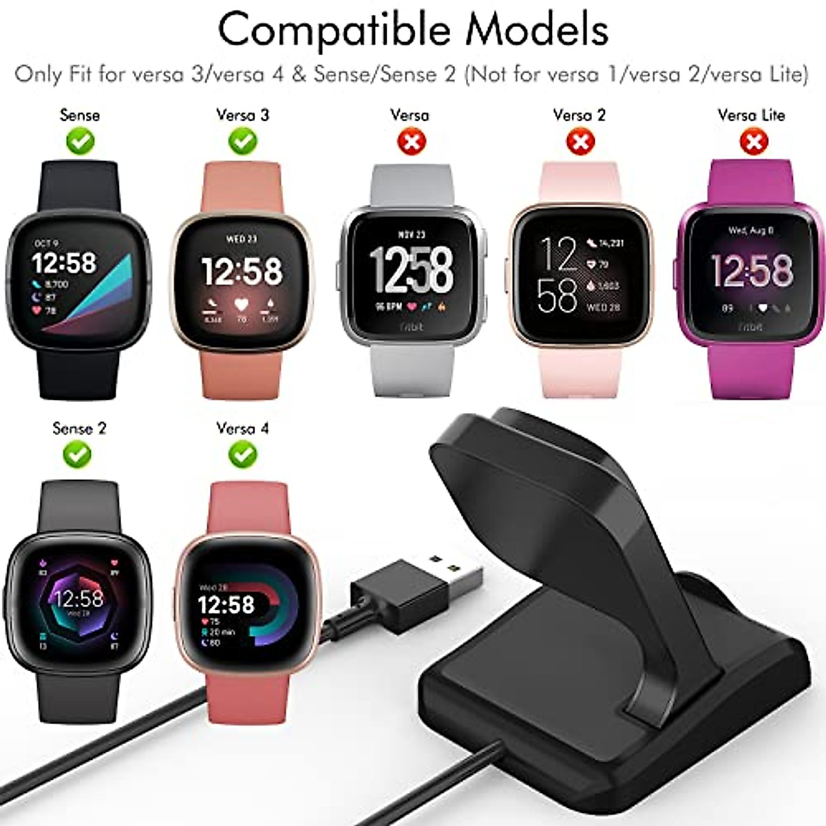 EUCARLOS Charger Dock Compatible with Fitbit Sense/Sense 2/Versa 4/Versa 3 Charger Stand Charging Cable Dock Station Base Cradle with USB Cord Replacement for Sense/Sense 2/Versa 4/Versa 3 Smart Watch
