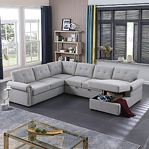 Sleeper Sofa with Pull Out Couch 6 Seater Modular Sectional Sleeper Sofa Bed with Storage Chaise, Fabric Sofa Sleeper Couch with Pullout Bed