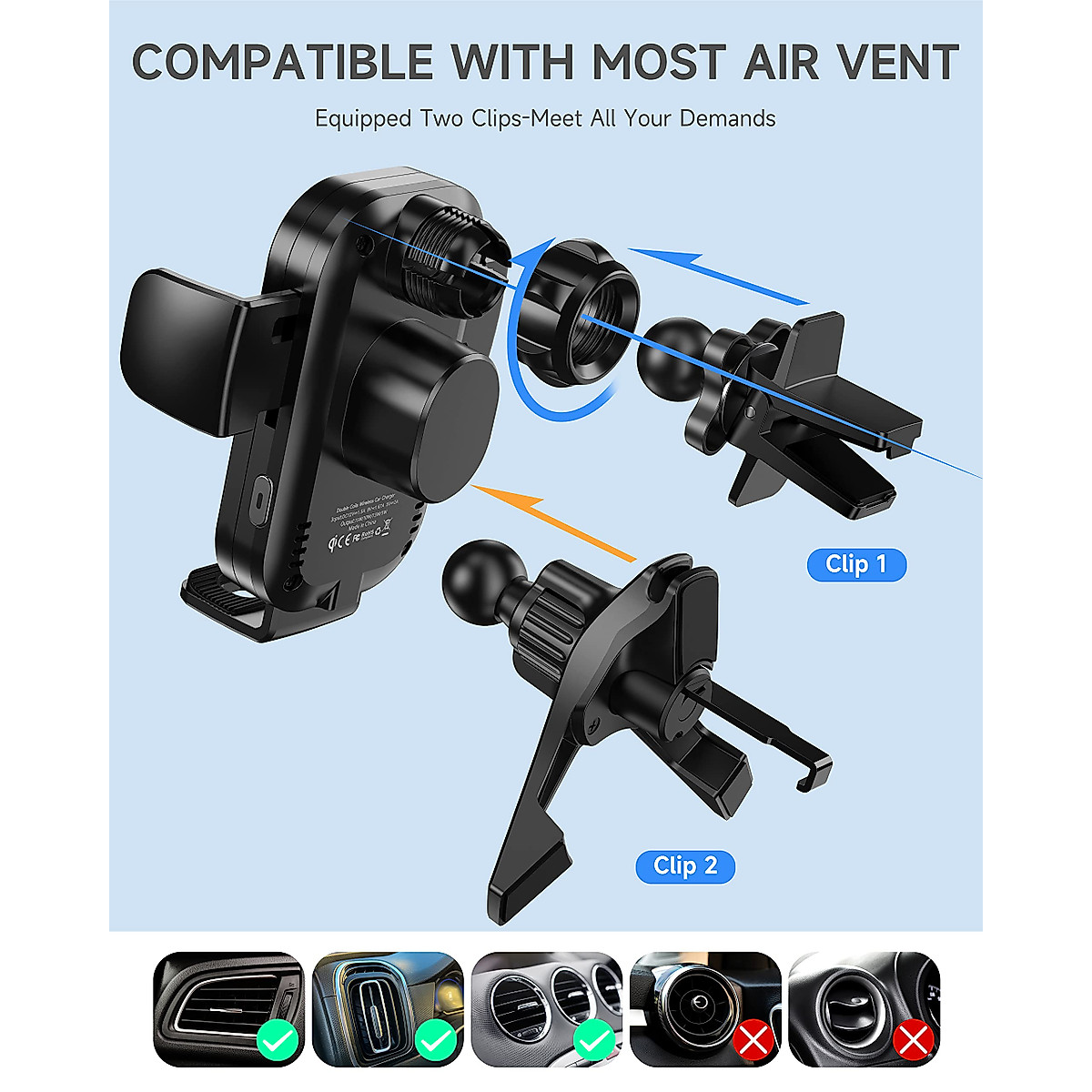【Dual Coils & 2 Vent Mounts】 Wireless Car Charger, Casunit 15W Dual Coil Fast Charging Auto-Clamping Car Mount for iPhone 14 13 12 Pro Max Mini/Samsung Galaxy Z Flip 4 3 5G S21/LG/Pixel 6 Pro (Black)