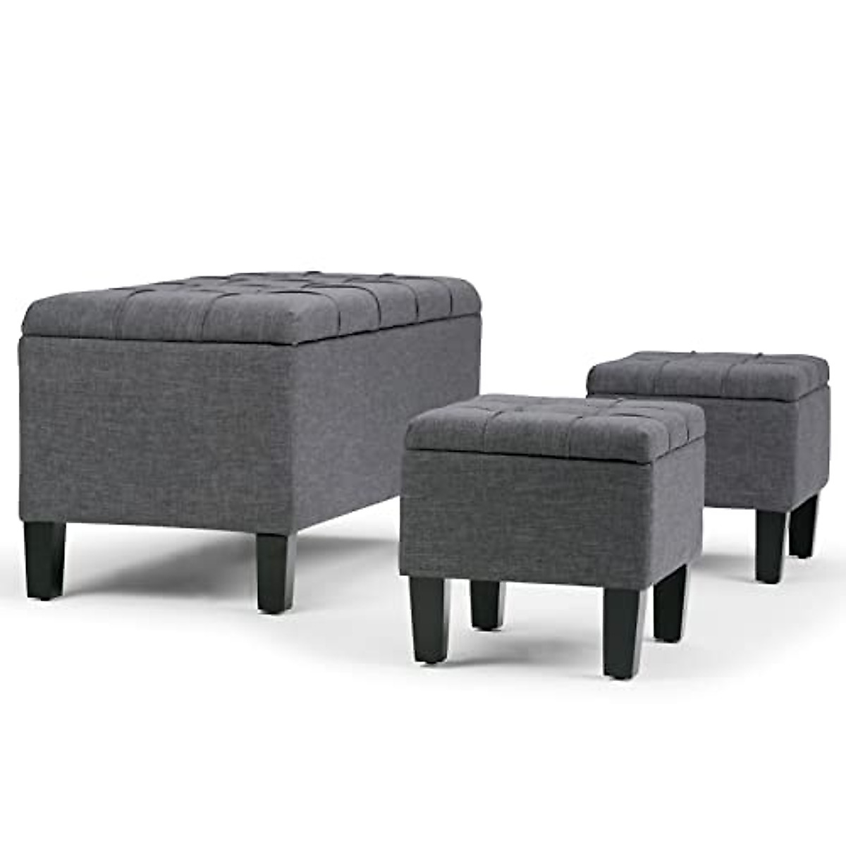 SIMPLIHOME Dover 44 inch Wide Rectangle 3 Pc Lift Top Storage Ottoman in Upholstered Slate Grey Tufted Linen Look Fabric, Footrest Stool, Coffee Table for the Living Room, Contemporary