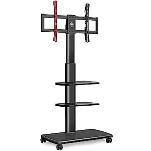 FITUEYES Rolling TV Stand, Mobile TV Cart on Wheels for 32 - 65 70 Inch Flat Screen TVs, Tall TV Floor Stand with Swivel Mount, Corner TV Stands for Bedroom, Outdoor, Home Office, Small Dorm, Black