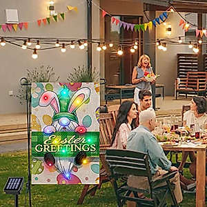 Happy Easter Light Up Garden Flag, Gnomes Solar Easter Greetings Ligthed Flag with Flagpole Spring Outside Yard Outdoor Home Decoration 12×18 Inch