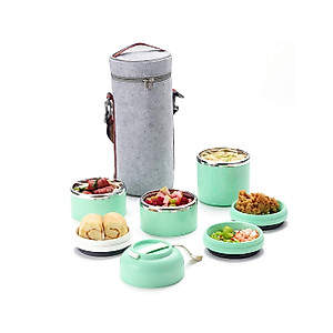 WORTHBUY Stackable Bento Lunch Box Thermal Containers for Hot Food Stainless Steel Leakproof Food Storage Containers with Insulated Lunch Bag for Adult and Office (Green, 3-Layer)