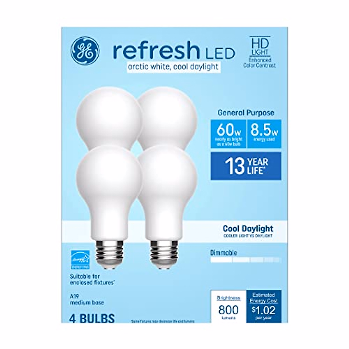 GE Refresh 60-Watt EQ A19 Cool Daylight Medium Base (e-26) Dimmable LED Light Bulb (4-Pack)