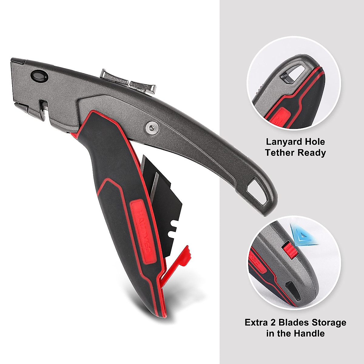 HAUTMEC Heavy Duty Utility Knife With Dual Cutting Mechanism，Safety Auto-Retracting and Precision 3 Position Depth Tough Cutting, Professional Retractable Box Cutter With 3 Black Sk4 Blades, HT0311