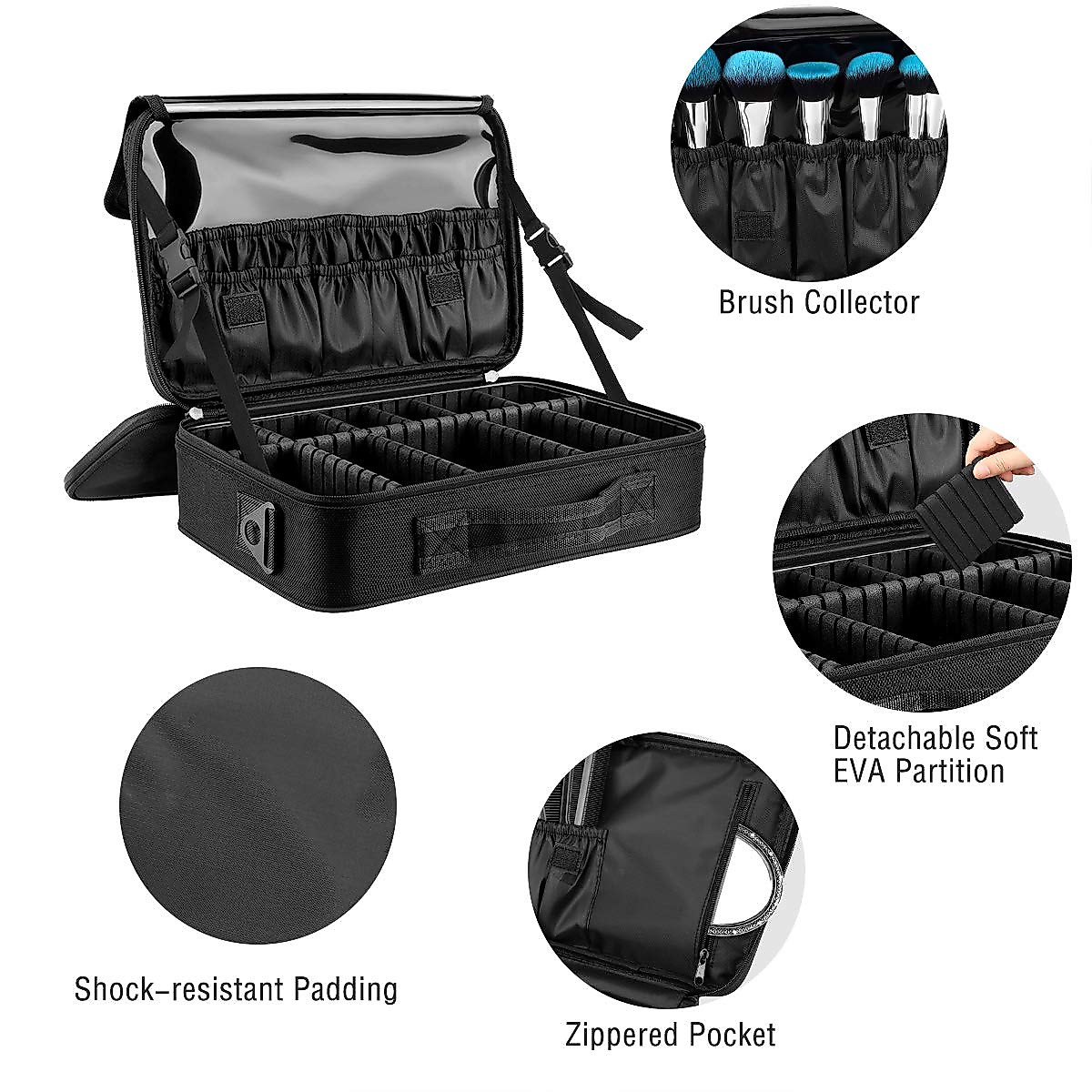 MoKo Travel Cosmetic Bags, Professional Nylon Cosmetic Makeup Case Bag Box Organizer with Handle & Adjustable Dividers Compartments for Cosmetics Makeup Brushes Tools Skincare Products – Black