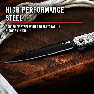 Coast Founder's Collection LX533 ORIGIN, Gentleman's EDC Folding Pocketknife, DAMASCUS Stainless-Steel Handle, Flipper Tab, Frame Lock, Pocket Clip, Black Nitride Stainless-Steel Blade