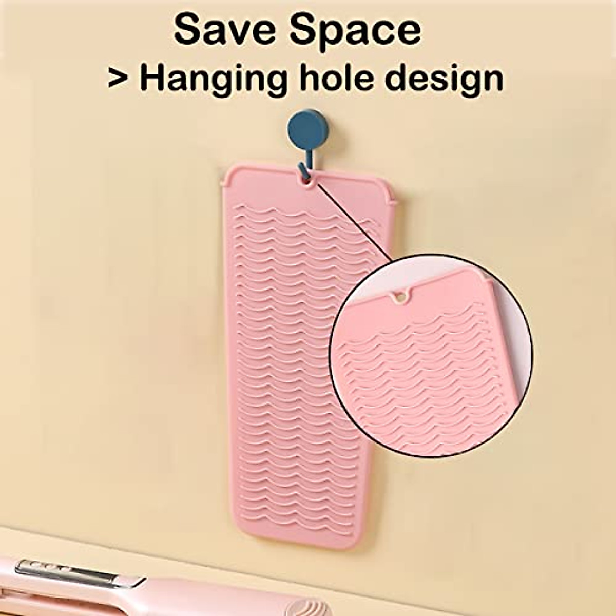 Heat Resistant Silicone Mat with Hanging Hole Style, Straightener Heat Resistant Travel Mat & Pouch for Curling Iron, Hair Straightener, Flat Iron and Other Hot Hair Styling Tools, 11X5 Inches, Pink