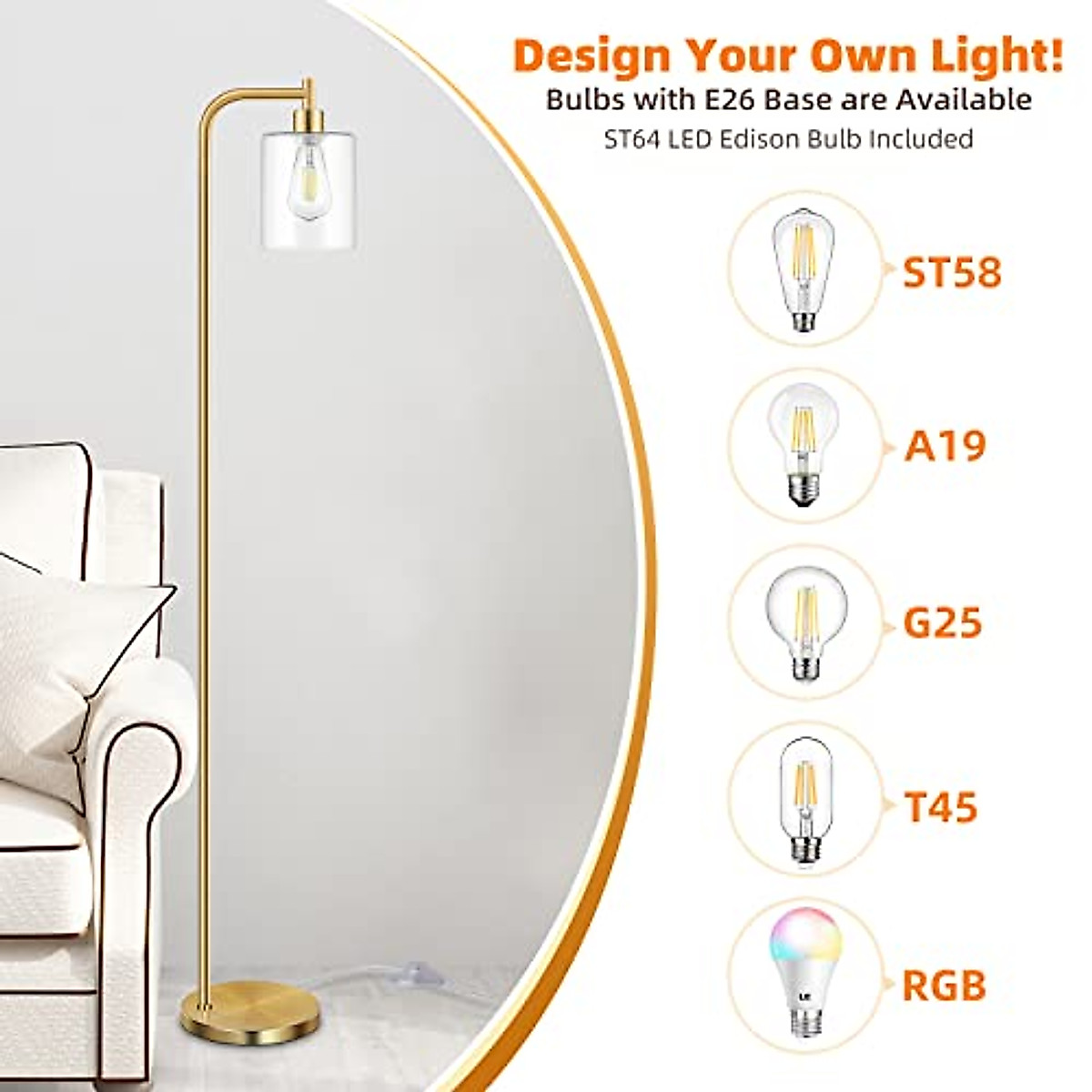 Industrial Floor Lamp with Hanging Glass Shade Brass Gold Farmhouse Indoor Pole Light with Edison E26 Base Vintage Rustic Standing Tall Lighting for Living Room Bedroom Office( ST64 Bulb Included)