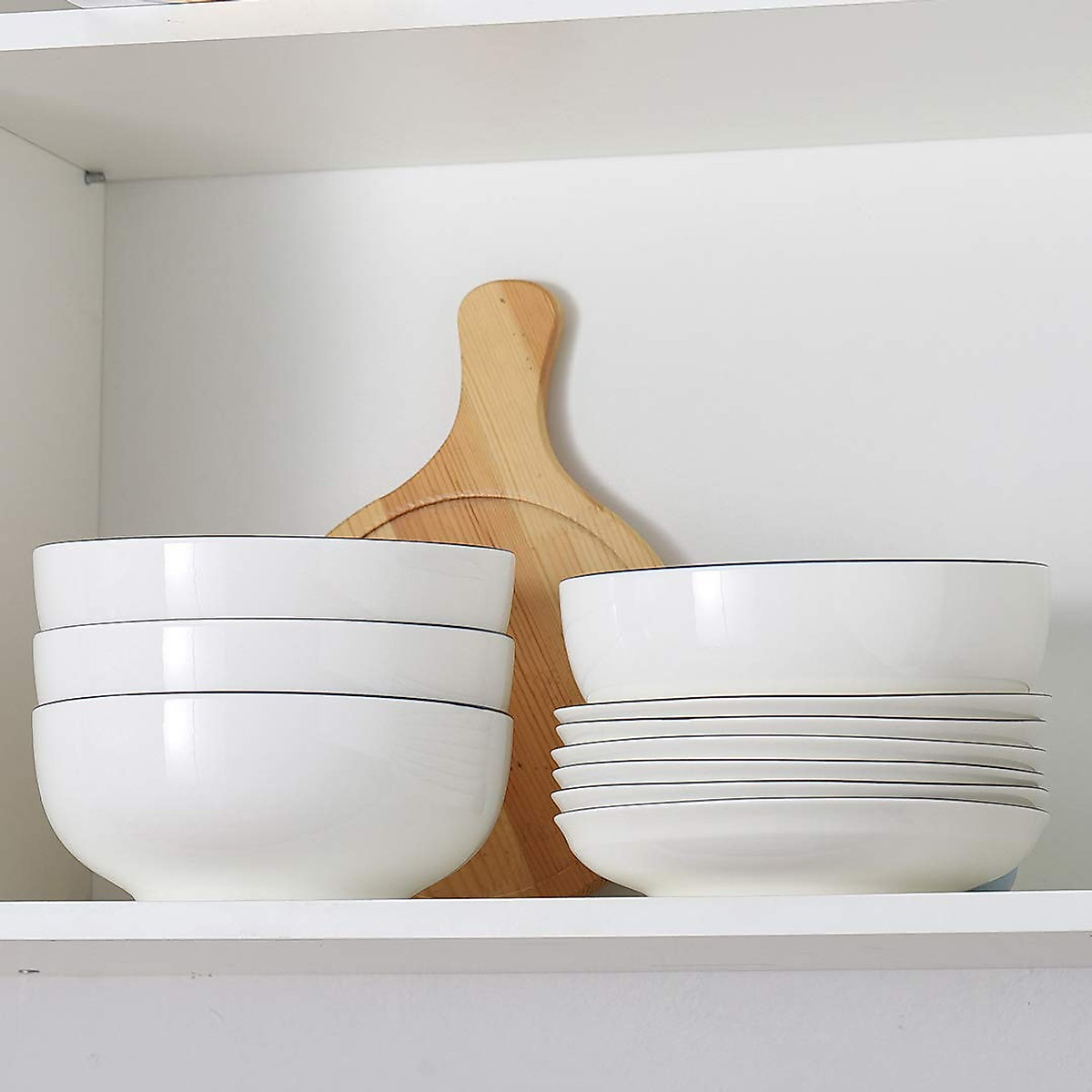 YOLIFE Salad Bowls 55 oz, Set of 3 Pho Bowl, Large Serving Bowls, 8 inch Porcelain Bowls for Fruit, Soup, Pasta Bowl, White with Black Trim