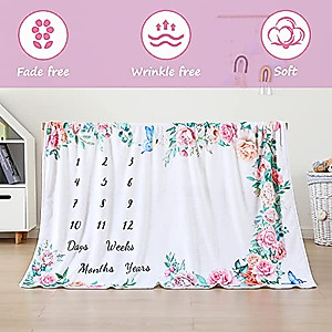 Kmivo Baby Milestone Blanket Monthly Milestone Blankets for Baby Girls Blankets Photography Background Fleece Blankets 60" X 40" inches, with Cards, Frame & Bow
