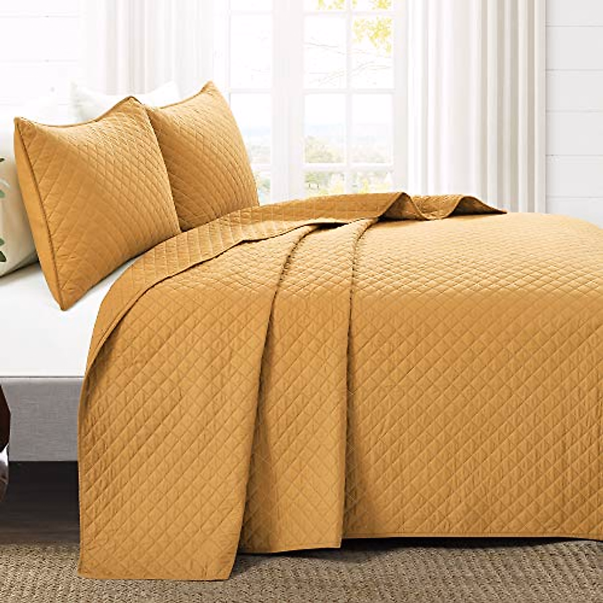 Lush Decor Ava Diamond Oversized 3 Piece Cotton Quilt Set, Mustard, King