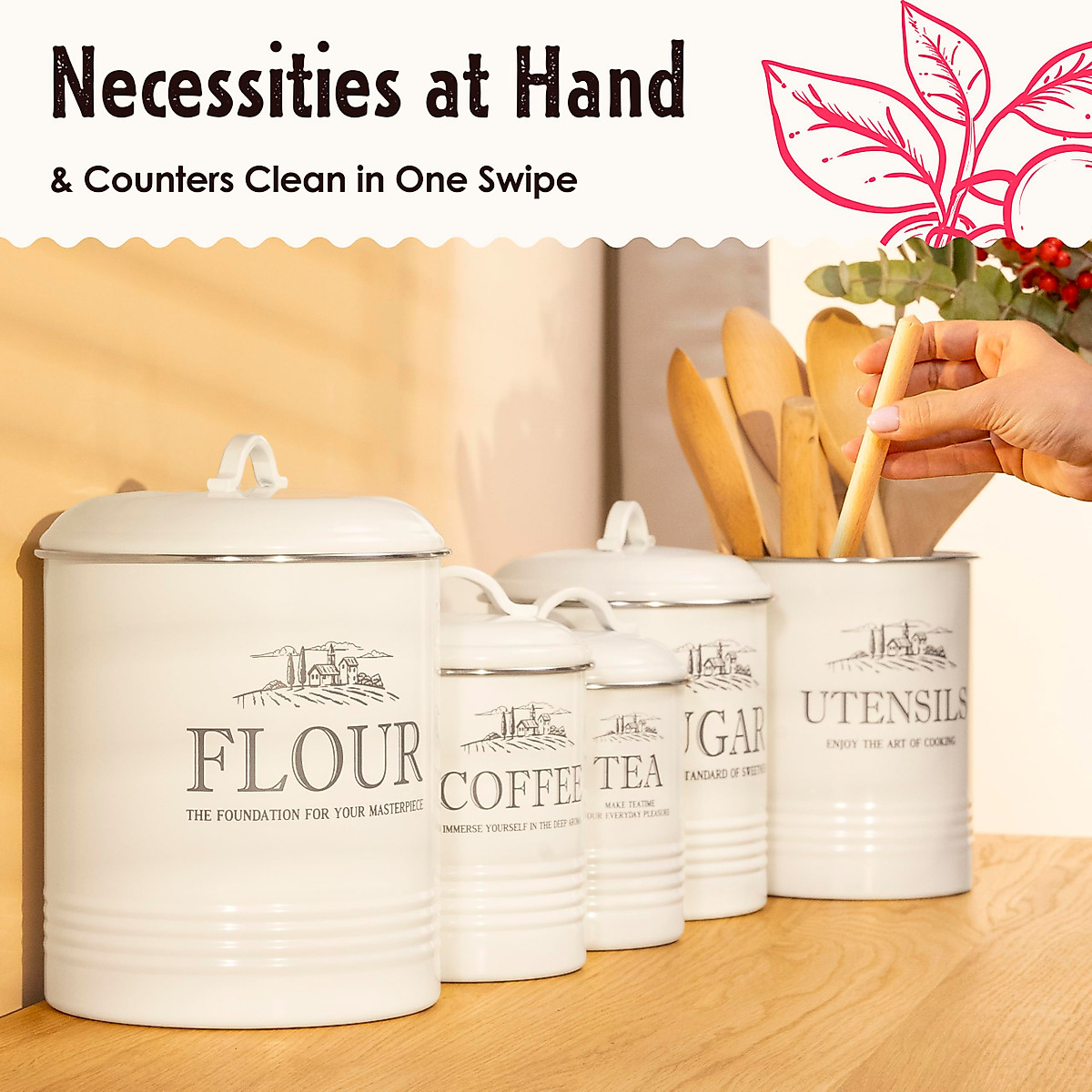 noonberry Set of 5 Canisters for Kitchen Counter, White Containers, Airtight Coffee Tea Flour Sugar Canisters Set & Utensil Holder for the Kitchen Countertop