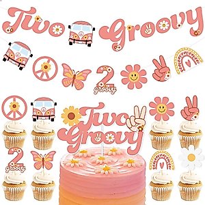 11Pcs Groovy Party Decorations, 2Pcs Two Groovy Banner 1PC Cake Toppers 8Pcs Hippie Party Cupcake Toppers Smile Daisy Flower Victory Peace Love Toppers for Baby Shower 2nd Birthday 70s Theme Boho