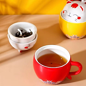 ARISKEY Ceramic Tea Mug with Infuser and Lid,Cute Cat Tea Cup with Filter for Steeping Loose Leaf, Handmade Porcelain Teacup, 3D Funny Novelty Mug for Home Office (Red)