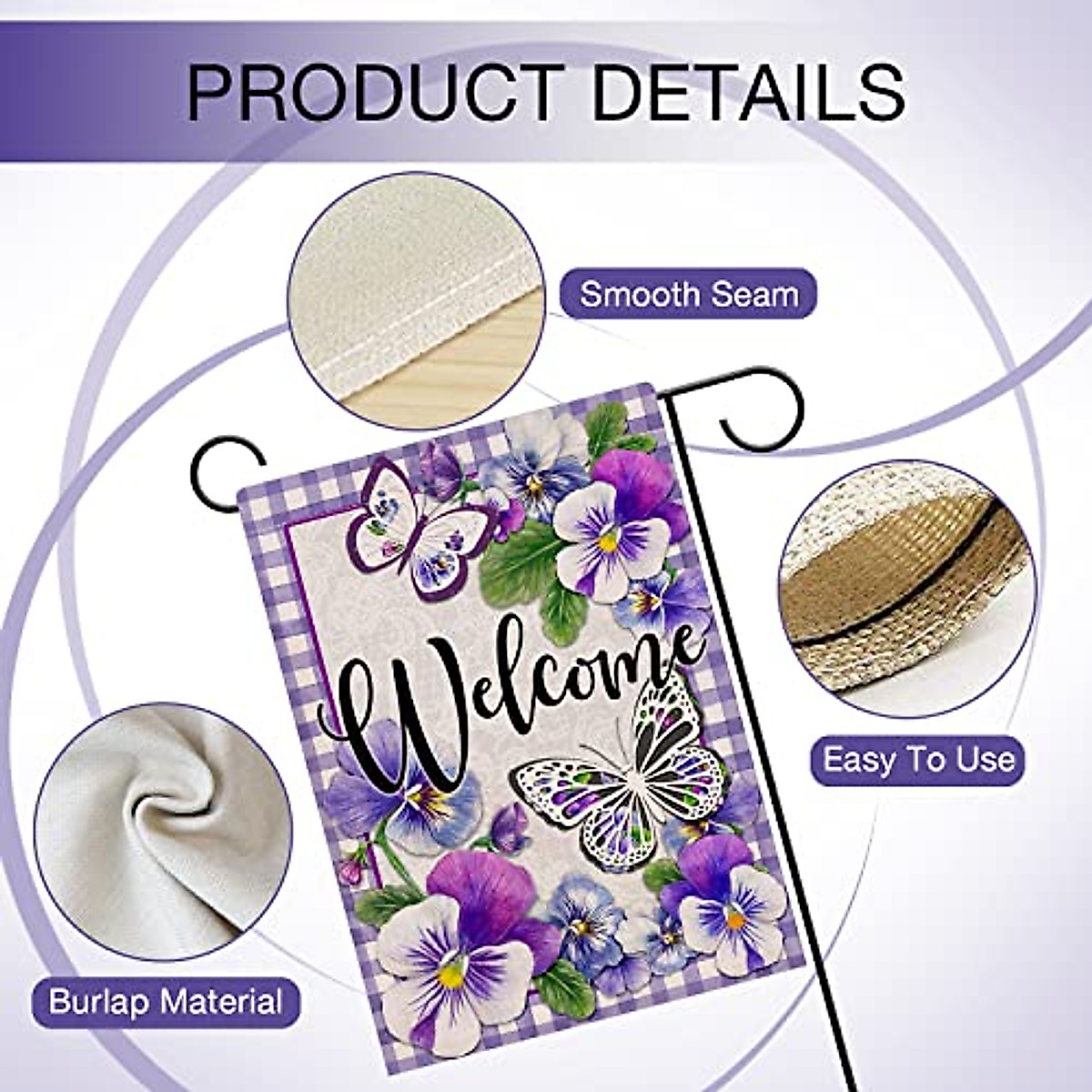 Hzppyz Welcome Summer Pansy Butterfly Garden Flag Double Sided, Purple Buffalo Plaid Check Decorative Yard Outdoor Small Decor, Spring Farmhouse Home Outside Decorations 12 x 18