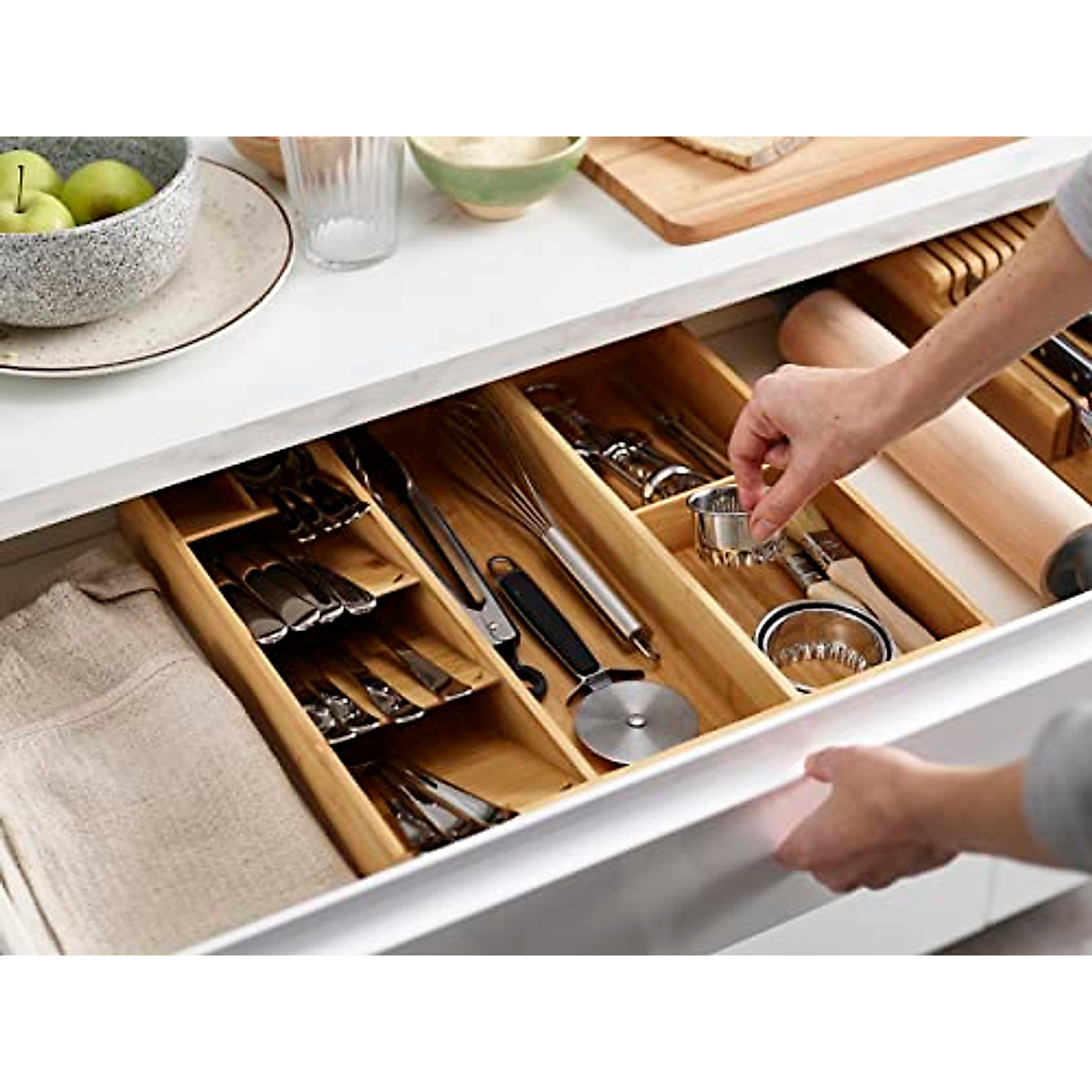 Joseph Joseph DrawerStore Compact Utensil Organizer For Kitchen Drawer Silverware, Flatware Tray, Large, Bamboo