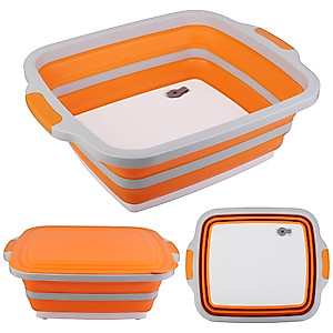 Large Collapsible Cutting Board(4.22 Gal/16L), Foldable Camping Sink with Colander, BBQ Prep Tub with Lid, Multifunction Dish Basin for Kitchen, Bowl, Vegetable and Fruit, Storage Basket for Picnic