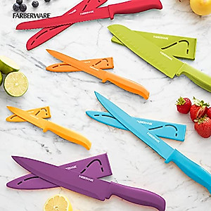 Farberware 12-Piece Non-Stick Resin, Dishwasher-Safe Kitchen Knife Set with Custom-Fit Blade Covers, Razor-Sharp, Multicolor
