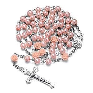 Pearl Rose Beads Rosary Catholic Necklace Holy Soil Medal Cross Crucifix-6 Packs