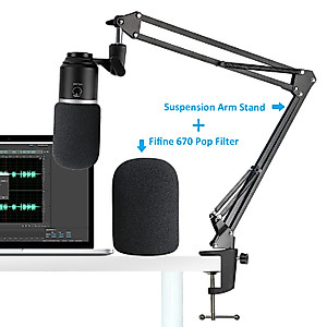 K669B Mic Boom Arm with Foam Windscreen, Suspension Boom Scissor Arm Stand with Pop Filter Cover Compatible with Fifine K669B Microphone by SUNMON