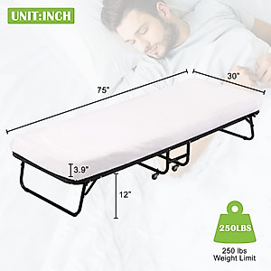 Folding Bed with Wheels, Folded Bed with Metal Slats, Portable Cot with 3.9 Inch Memory Foam Mattress, Roll Away Beds with Mattresses for Adults, 75L*30W*12H, Fold Up Bed for Easy Storage, White