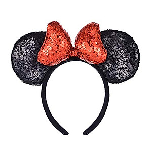 Jieneal Minnie Mouse Ears Set of 2 Sequin Headband Disney world accessories for trip and Hair accessories for Kids or Women(Champagne Rose& Black Red)